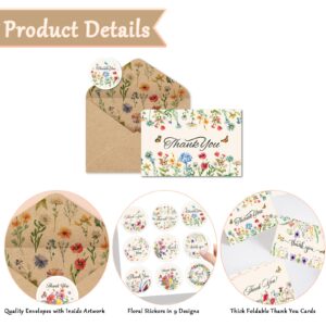 Savgkoyt 75 Pack Wildflower Thank You Cards with Envelopes and Stickers Thank You Notes with Envelopes Set Bulk Vintage Flower Greeting Cards with Kraft Envelope Sticker for Wedding Bridal Showers Baby Showers