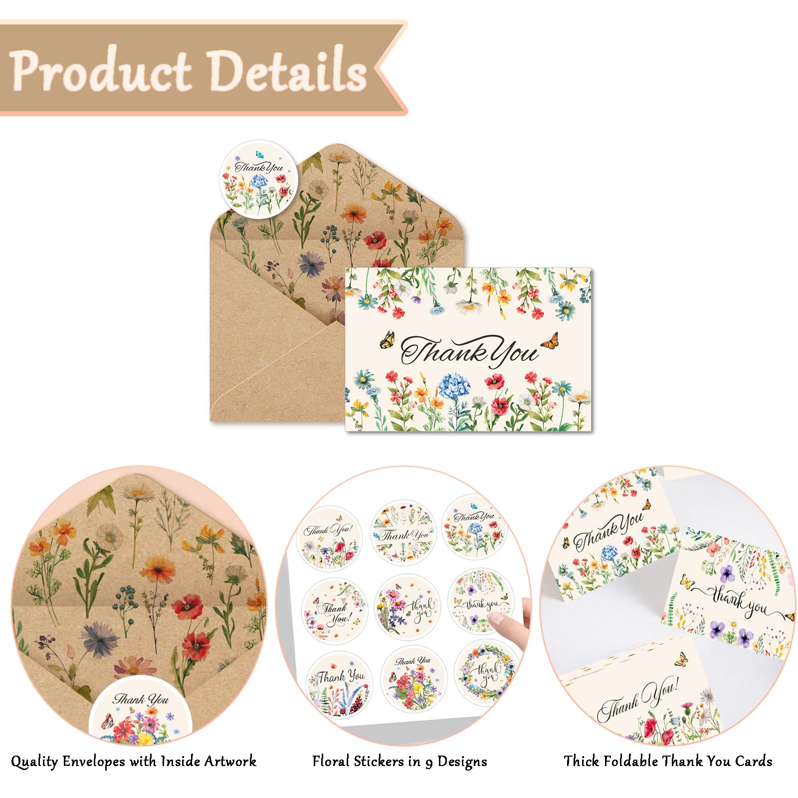 Savgkoyt 75 Pack Wildflower Thank You Cards with Envelopes and Stickers Thank You Notes with Envelopes Set Bulk Vintage Flower Greeting Cards with Kraft Envelope Sticker for Wedding Bridal Showers Baby Showers