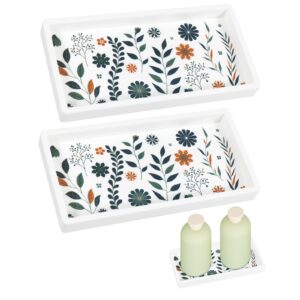 2pcs bathroom vanity tray, 7.9” silicone floral pattern, elegant organizer for kitchen countertop, bedside, toiletries, soap dispenser, jewelries, perfume, dishwasher safe, kauai sun™ (white floral)