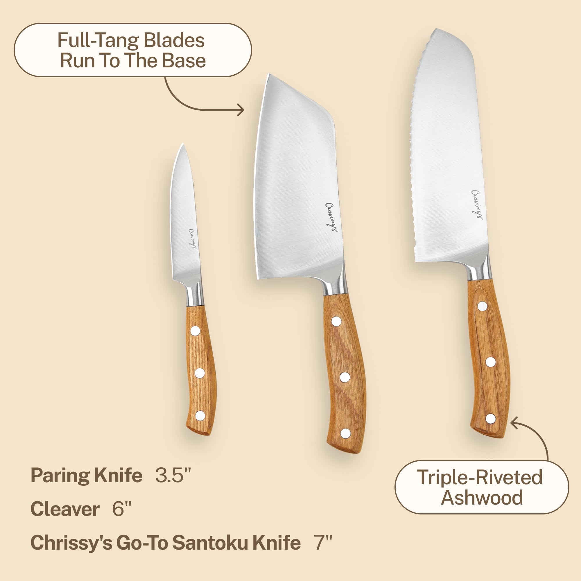 Cravings Greatest Hits 3-Piece Kitchen Knife Set – Includes 6-Inch Cleaver, 7-Inch Santoku Knife, and 3.5-Inch Paring Knife – Full-Tang Stainless Steel Blades with Triple-Riveted Ashwood Handles