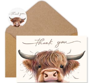 whaline 36pcs highland cow thank you cards with envelopes and stickers barnyard greeting cards blank note cards for weddings bridal shower baby shower