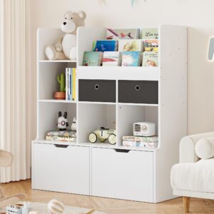 idealhouse kids bookshelf with drawers 47.8in toy storage organizer modern bookcase with cubbies white floor storage cabinet wooden toy chest playroom, classroom, nursery, kids room