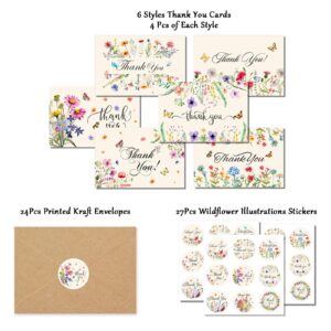 Savgkoyt 75 Pack Wildflower Thank You Cards with Envelopes and Stickers Thank You Notes with Envelopes Set Bulk Vintage Flower Greeting Cards with Kraft Envelope Sticker for Wedding Bridal Showers Baby Showers