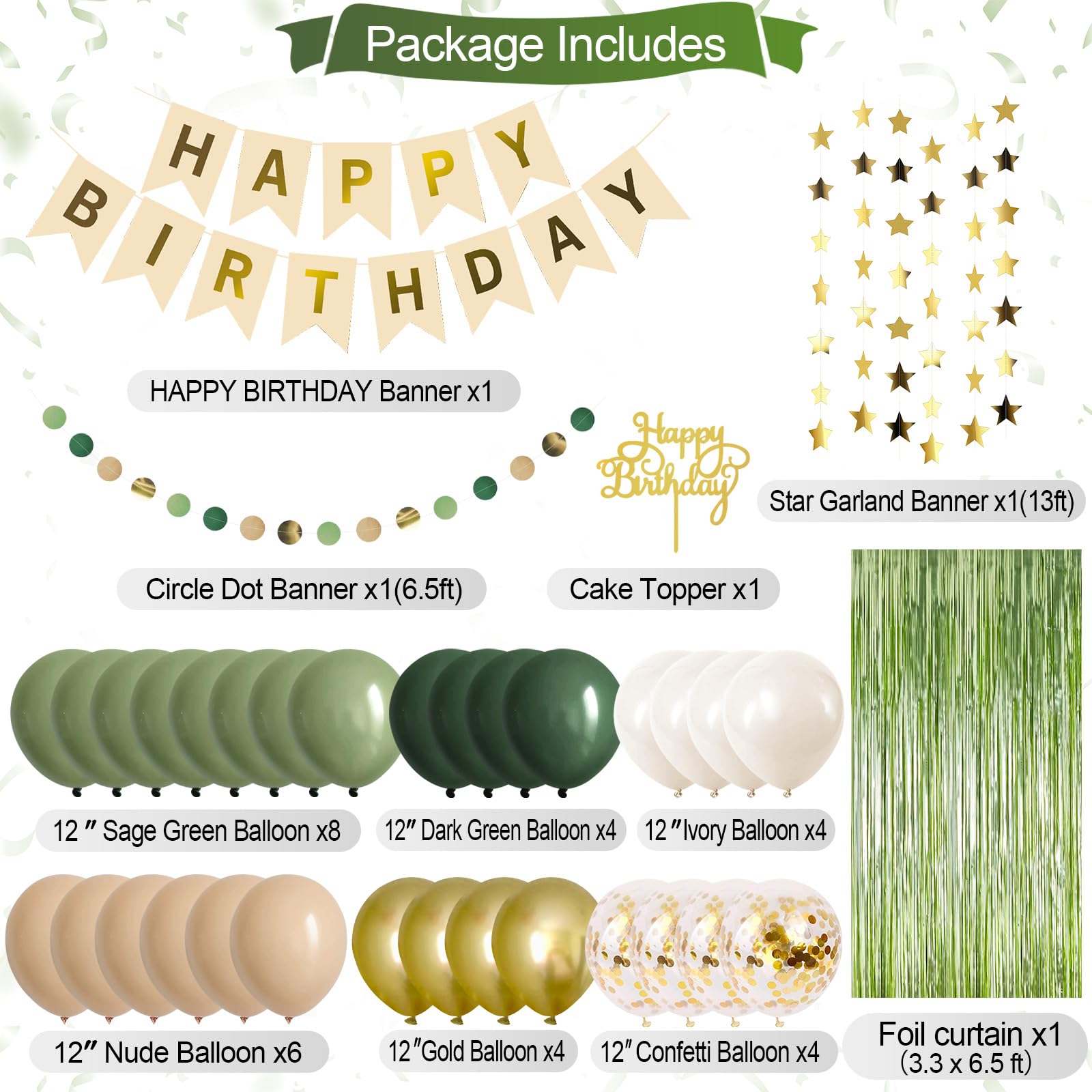 Sage Green Birthday Decorations Olive Green Happy Birthday Party Decorations Nude Retro Green Gold Balloon Banner Paper Pom Poms Greenery Neutral Rustic Décor Supplies Baby Girls Women