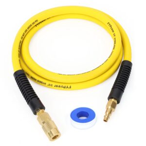 fypower air compressor whip hose 3/8 inch x 6 feet lead in hybrid hose with fittings, flexible and kink resistant, 1/4" industrial quick coupler and plug kit - yellow