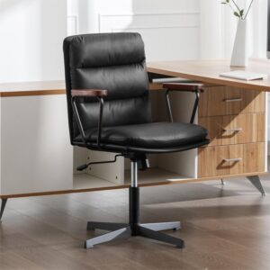 okeysen office desk chair no wheels, pu padded criss cross chair with wooden armrests, ergonomic mid back adjustable computer chair, cute armless swivel task vanity accent chair for home office, black