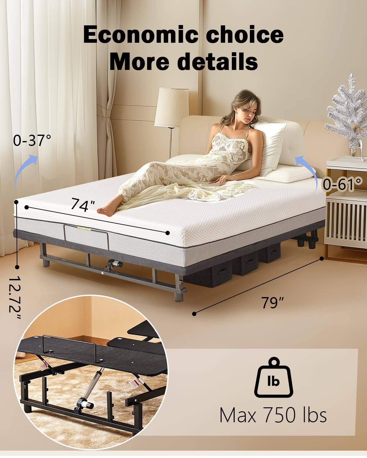 Miscoos King Size Adjustable Bed Frame with Quiet Motor - Head & Foot Incline, Zero Gravity, Wireless Remote Control, Easy Installation (79" L x 74" W x 12.72" H)