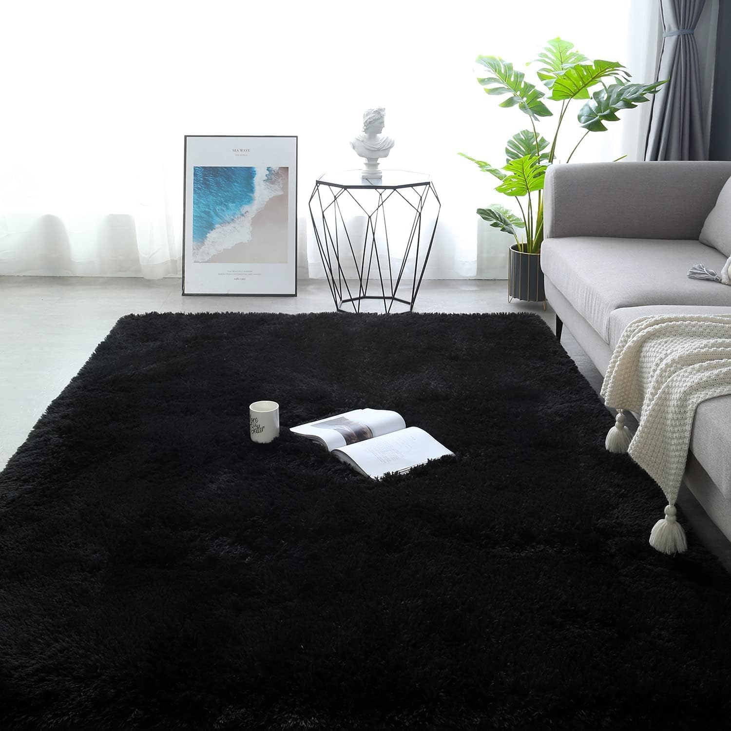 Shag Area Rugs for Bedroom Living Room,5X8 Ultra Soft Fluffy Area Rugs for Dorm,Indoor Carpet Nursery Rugs for Kids Girls Room Home Decor, Black