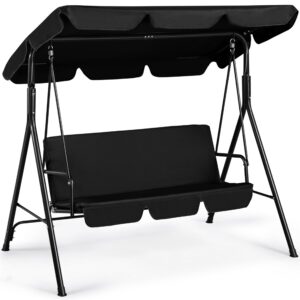 yaheetech 3-seat patio swing chair, outdoor canopy swing porch swing with adjustable canopy & removable cushion, hanging swing glider lounge chair for patio, garden, yard, porch - black