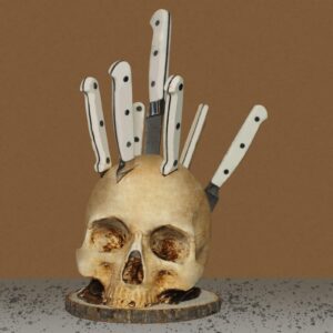 skull knife holder for kitchen storage, skull decor horror kitchen storage knife rack kitchen fruit storage rack decoration, scary party fruit storage rack skeleton decoration (resin)