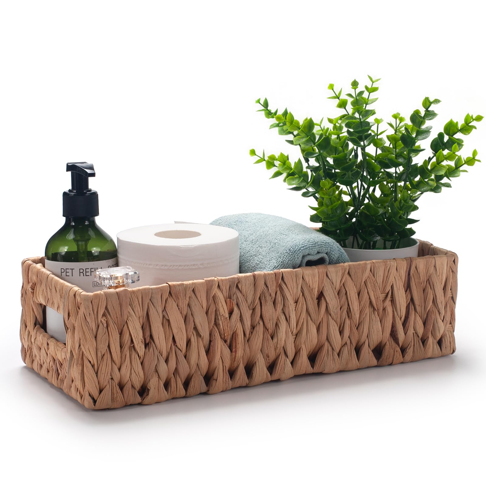 Toilet Paper Basket for Back of Toilet Water Hyacinth Long Narrow Wicker Bathroom Storage Basket with Built-in Handles 14.2 x 6.5 x 3.7 inch