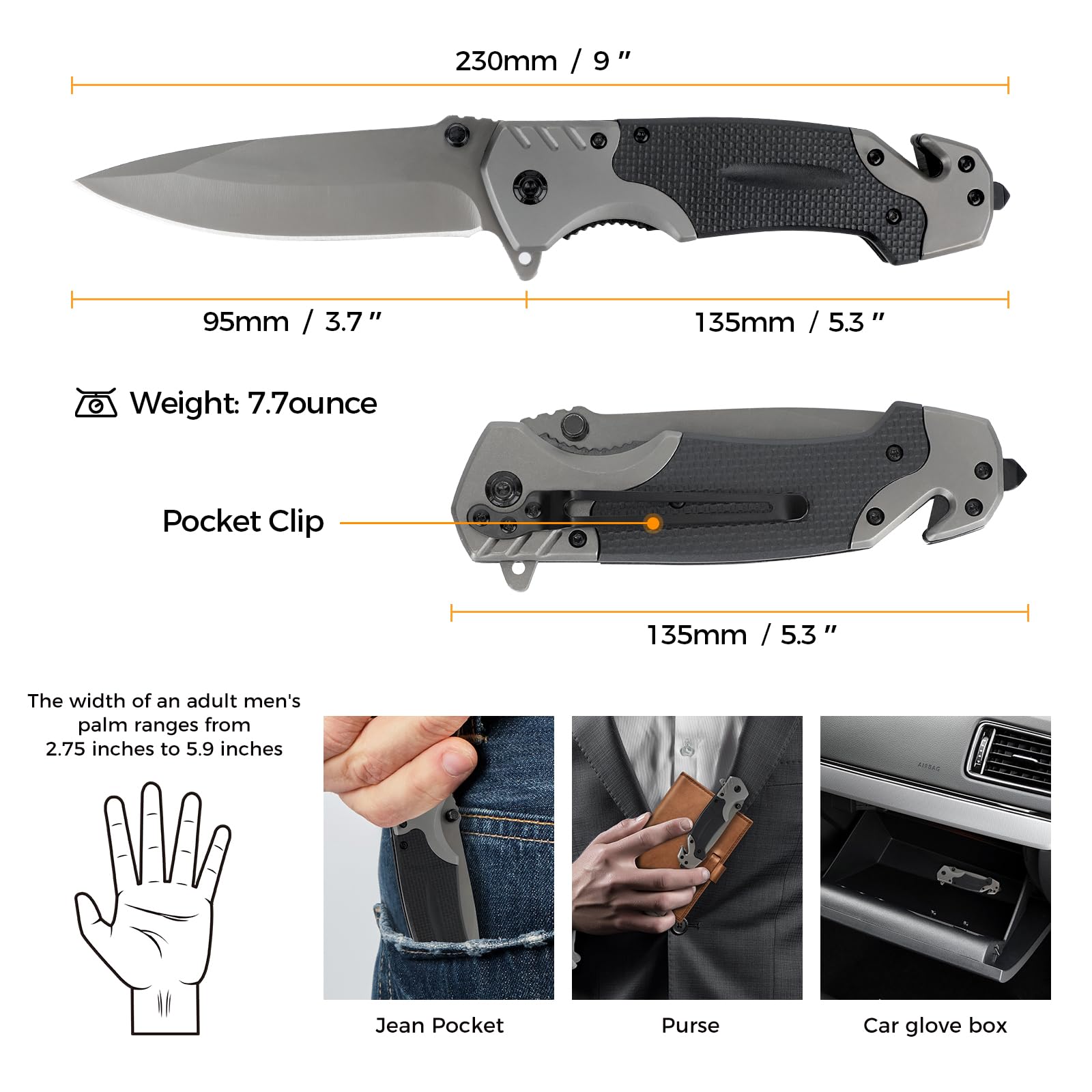 NRONON Pocket Knife for Men with Glass Breaker, Seatbelt Cutter, 3-in-1 Multitool Folding/Survival Knife for Emergency Rescue Situations,Camping Survival