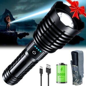 super bright led rechargeable flashlight 2000000 high lumens,tactical high powered flashlight,bright flashlights with 5 light modes,zoomable,ip67 waterproof powerful flashlights for camping home (a8)