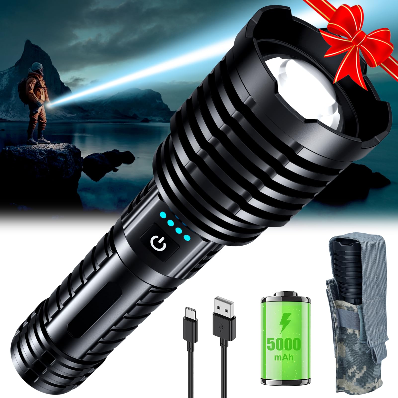 Super Bright Led Rechargeable Flashlight 2000000 High Lumens,Tactical High Powered Flashlight,Bright Flashlights With 5 Light Modes,Zoomable,IP67 Waterproof Powerful Flashlights For Camping Home (A8)