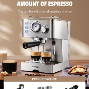 SHARDOR 20 Bar Espresso Machine,Fast Heating Expresso Coffee Machines for Home, Manual Latte & Cappuccino Maker with Milk Frother, 50 Oz Removable Water Tank, 1100W, Stainless Steel