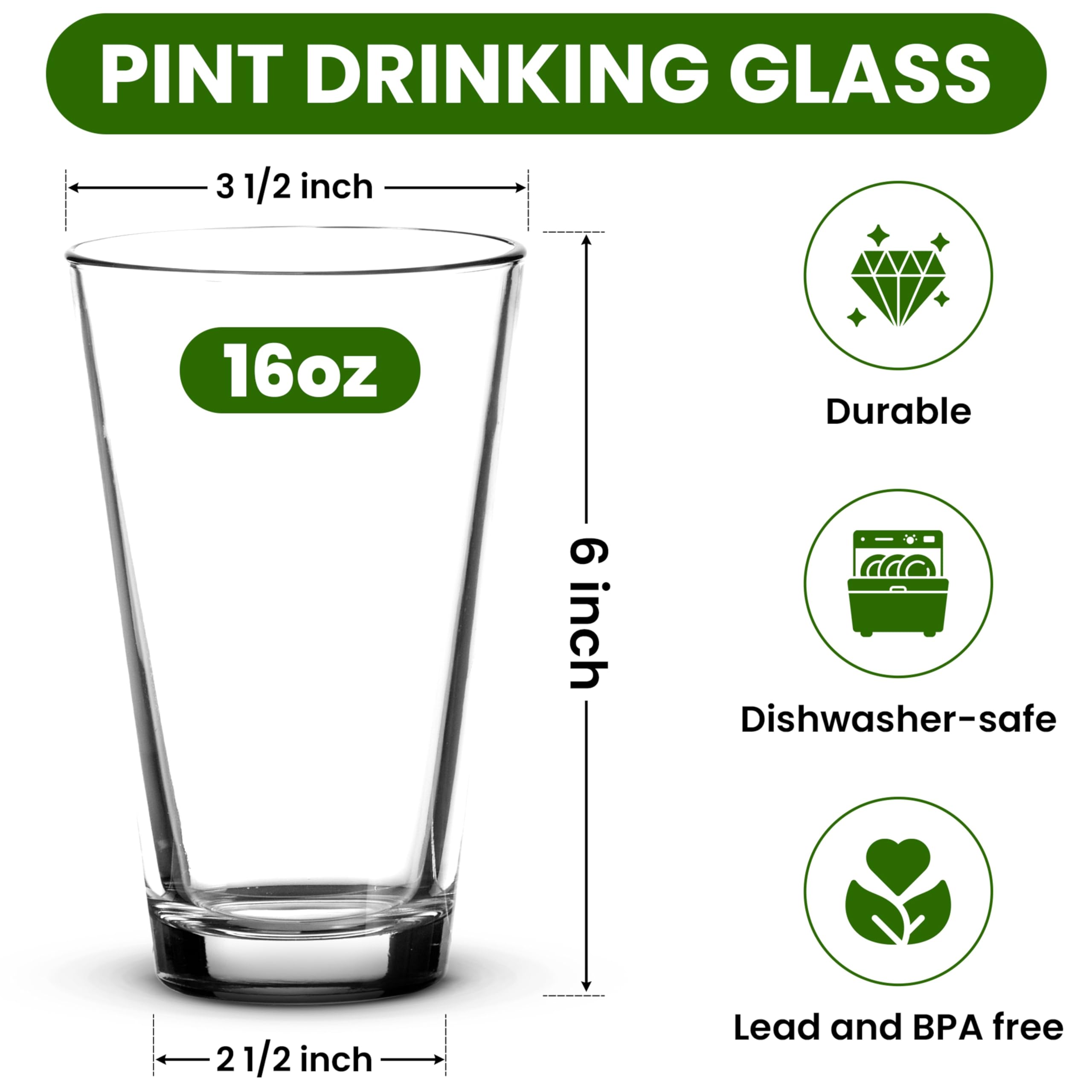 Great Credentials© Pint Drinking Beer Glasses With Tuff Rim, 16 oz - Set of 4