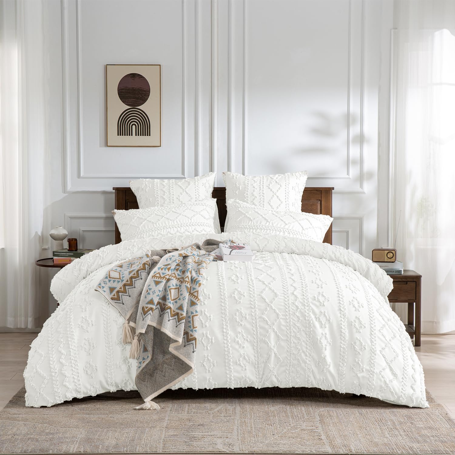 YASMENG White Boho Tufted Queen Duvet Cover Set Boho Geometric Chevron Stripe Jacquard Embroidery Bedding Farmhouse Shabby Chic Tufts Textured Khaki Duvet Cover Set Full Queen Size for All Seasons