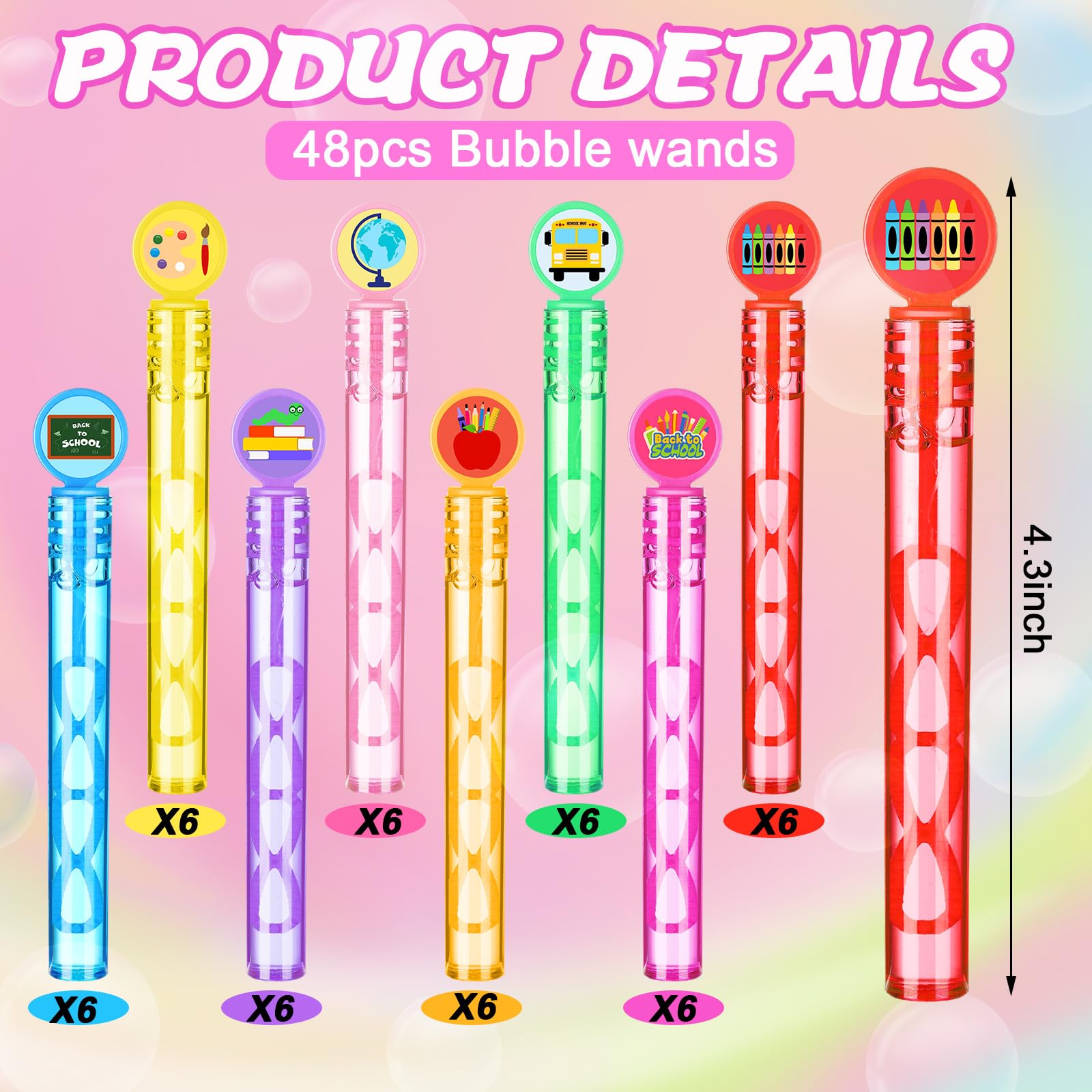 WinnerWhy 48 Pcs Back to School Bubbles Party Favors 4.3" Mini Bubble Wands Bulk Birthday Supplies First Day of School Bubble Toys Student Classroom Stationery Prize Gift Goodie Bag Stuffer