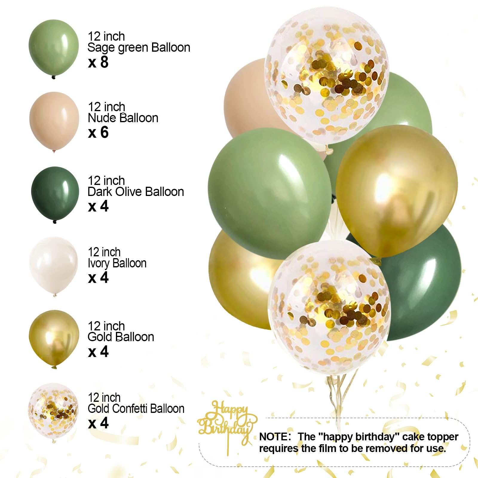 Sage Green Birthday Decorations Olive Green Happy Birthday Party Decorations Nude Retro Green Gold Balloon Banner Paper Pom Poms Greenery Neutral Rustic Décor Supplies Baby Girls Women