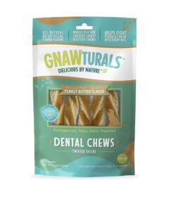 gnawturals dental chews twisted sticks | for medium dogs | natural scrubbing action to fight plaque and tartar while refreshing your dog's breath (5 sticks, peanut butter)