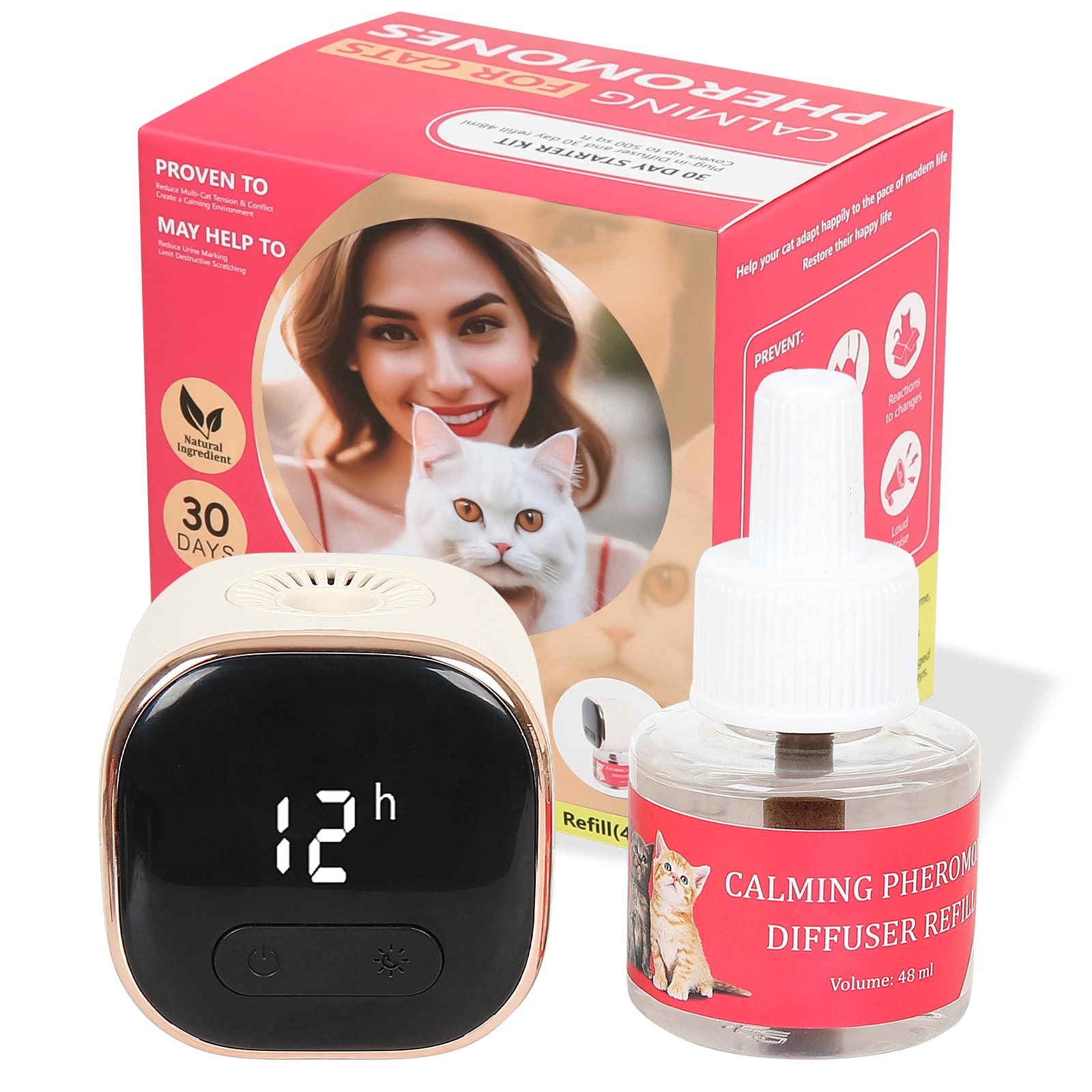 HEELE Cat Pheromone Calming Diffuser Anxiety Relief Cat Calming Diffuser 30 Days Refill Cat Pheromone Diffuser with Timing Function, Reduce Fighting and Scratching Calm Relaxing 48ml