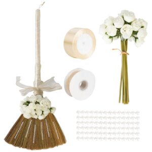 wedding broom for jumping ceremony, jumping the broom for wedding, decorative broom diy with ribbons artificial pearl roses