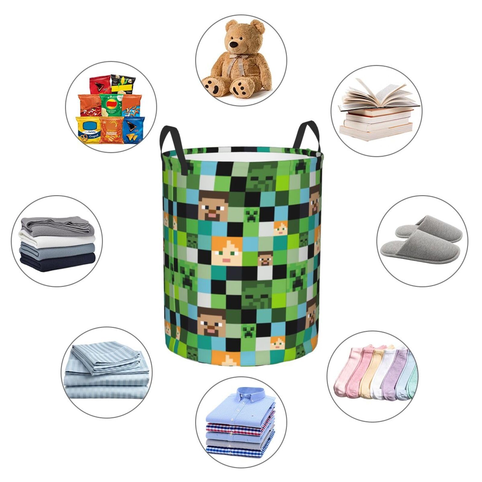 Gbuzozie Video Game Mosaic Background Round Laundry Hamper Storage Basket Toys Clothes Organizer Bin For Home Bathroom Bedroom Dorm Nursery, 38l