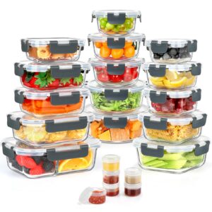 42pcs glass food storage containers with lids set, 21 containers & 21 lids include one 2 compartments glass meal prep containers with snap locking lids set, leak proof lunch containers bpa-free,grey