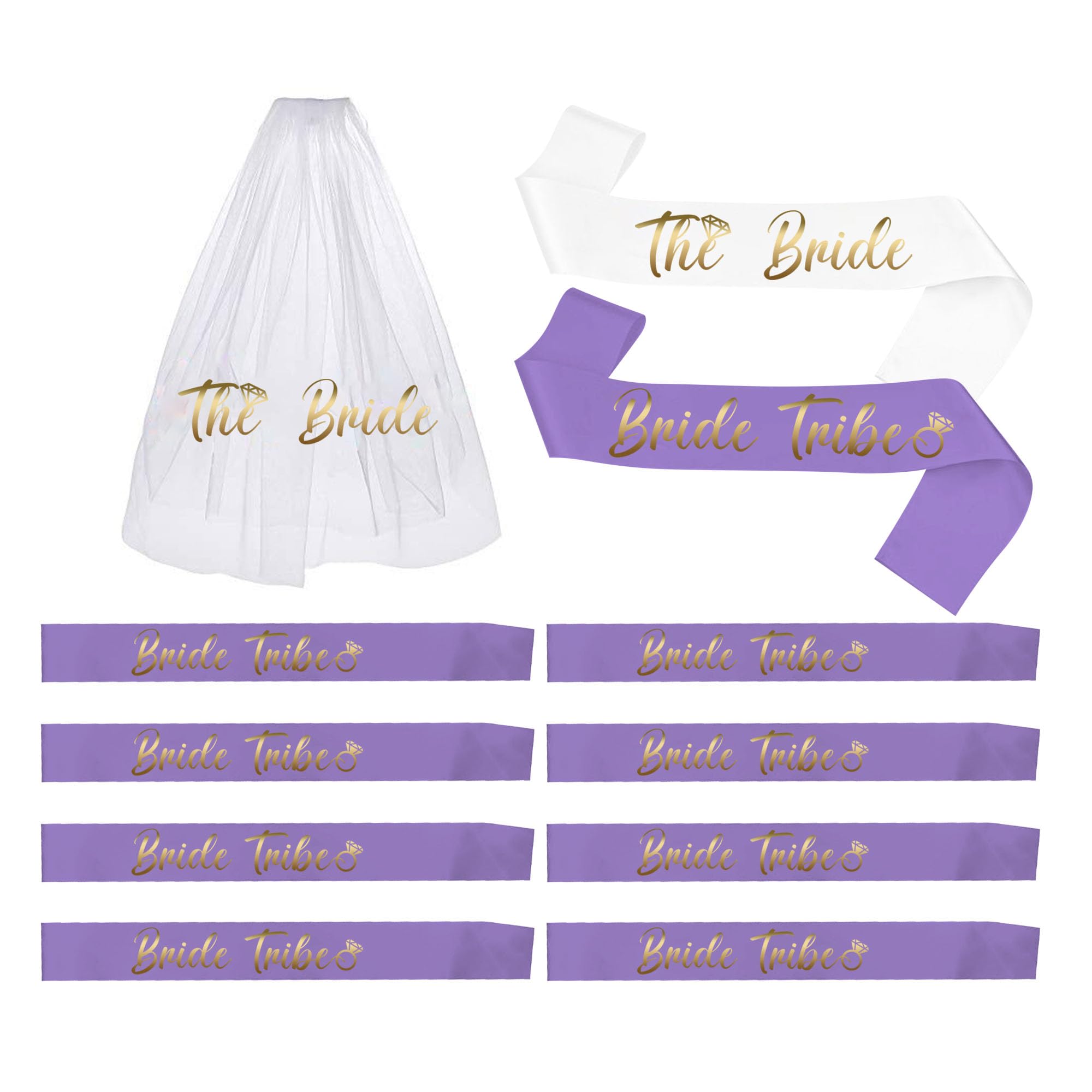 LADY&HOME Bachelorette Party Sash Set-1 Veil,1 Bride Sash and 9 Bride Tirbe Sashes, Bachelorette Party Decorations,Bridal Shower Gifts(Lavender,11pcs)