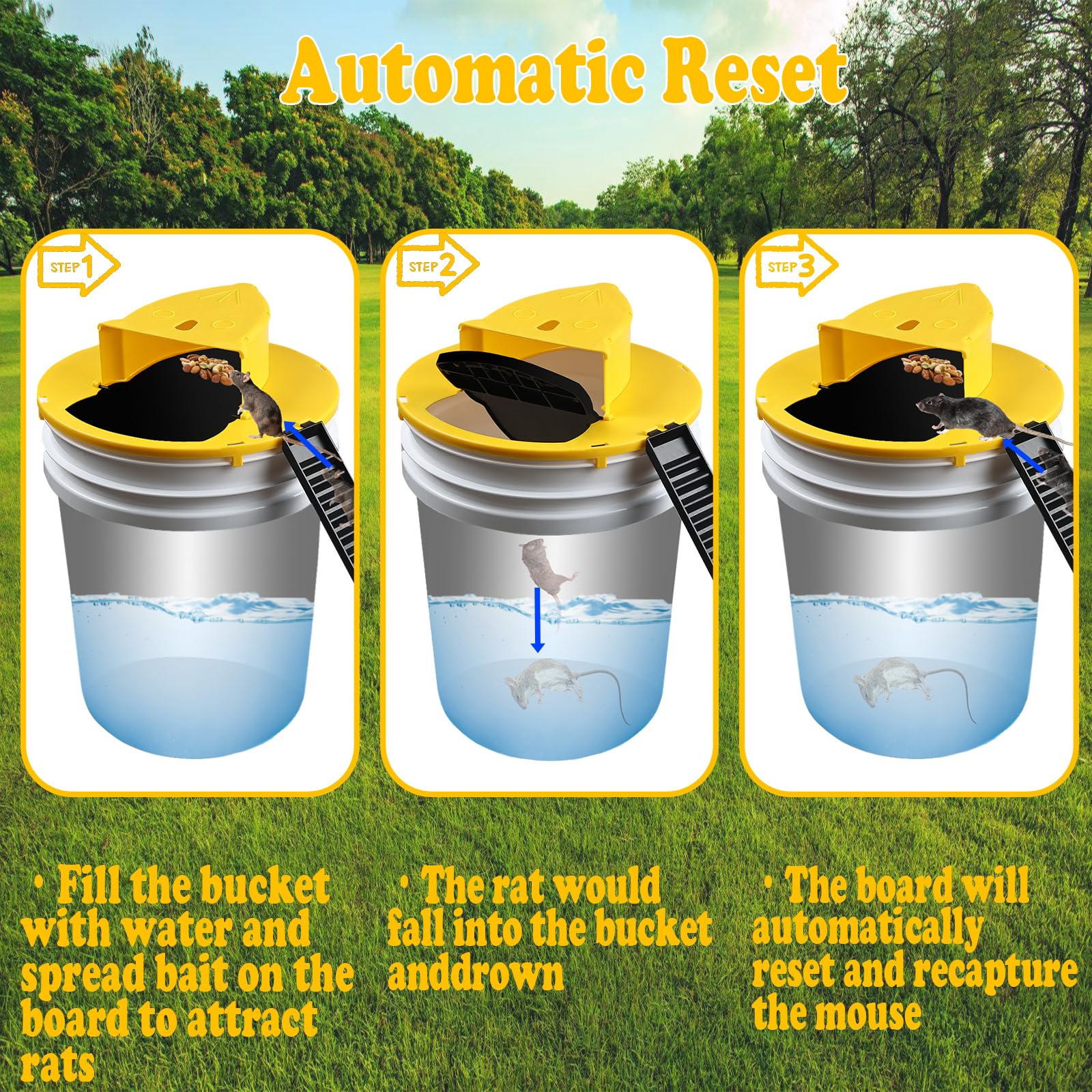 3 Pack Mouse Trap Bucket Flip Lid without Bucket, Reusable Rat Trap for Bucket 5 Gallon, Anti-Escape Mice Trap Bucket, Auto Reset Humane Mouse Trap for Indoor Outdoor Usage