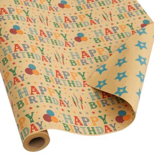 bolianne kraft birthday wrapping paper roll for boys girls kids men women - reversible happy birthday gift wrap paper roll for holiday party - 1 gift wrapping paper roll, 17.2 inch x 33 feet