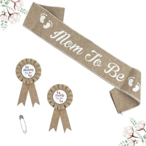 burlap mom to be sash, rustic boho dad to be pin, neutral polyester imitation jute mommy to be sash pin for pregnant mommy baby shower gender reveal party favors (3pcs)