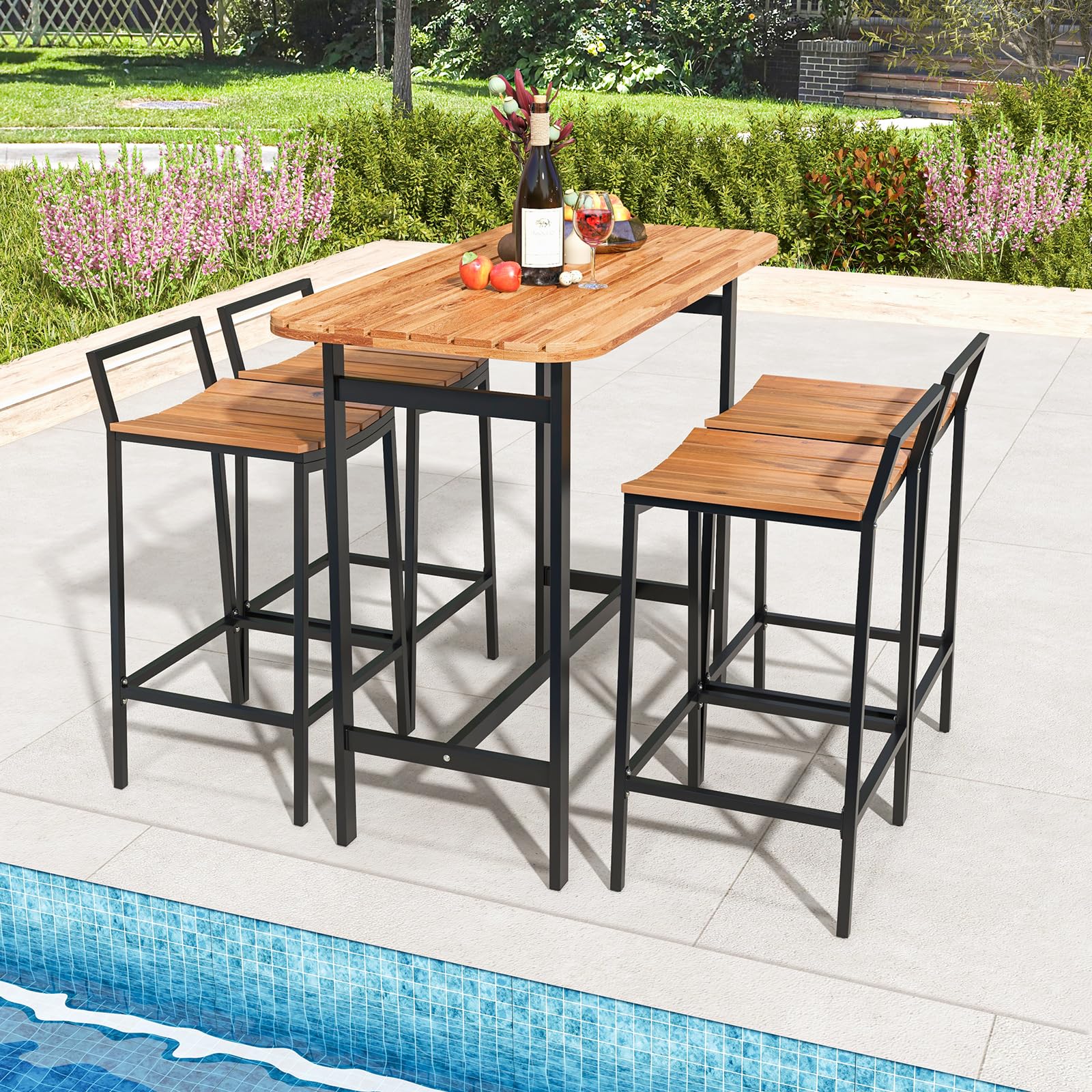 HAPPYGRILL 5 Pieces Wood Patio Bar Set, Outdoor Bar Table Chairs Set with Metal Frame & Footrest, Acacia Wood Patio Furniture for Porch Poolside Backyard