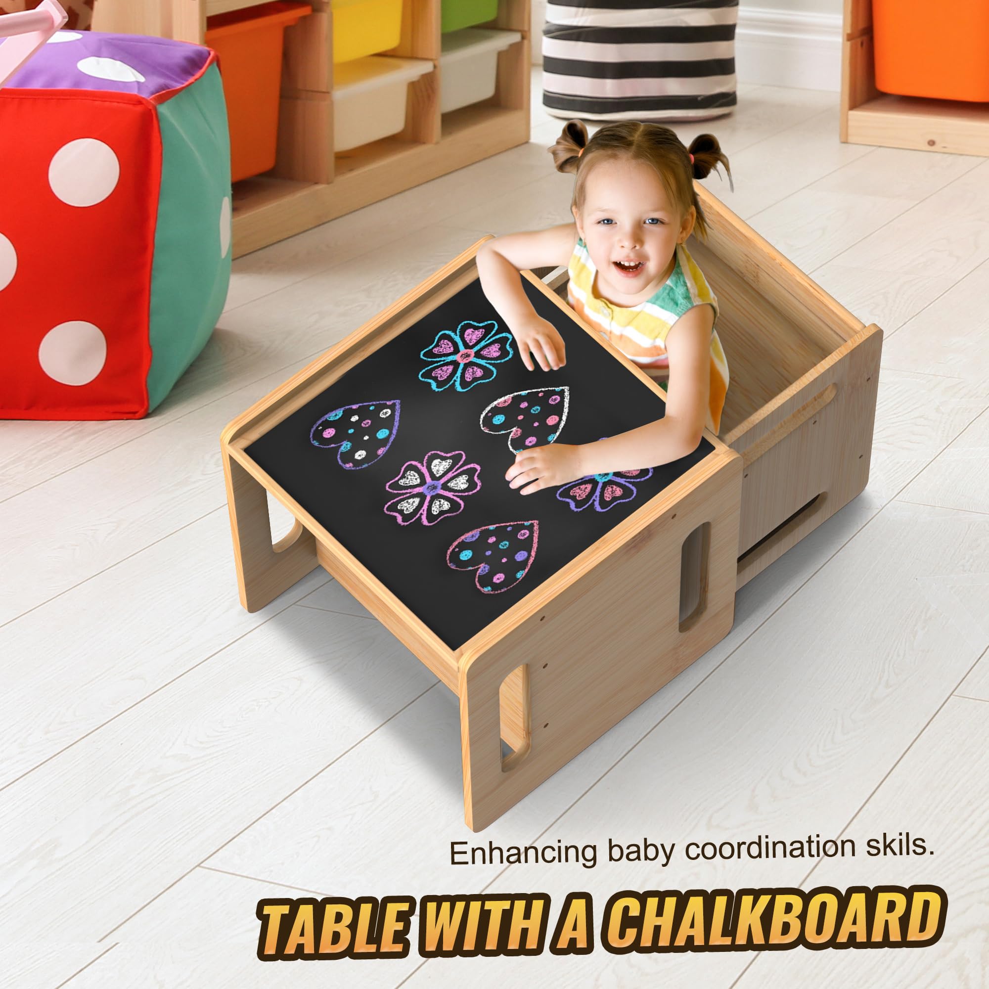 3-in-1 Montessori Weaning Table and Chair Set with Chalkboard for Toddlers, Kids Activity Table for Aged 1-4, Bamboo Montessori Furniture Table for Painting Learning