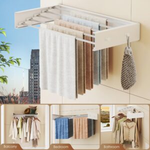 LIENAHU Drying Rack Clothing Upgrade,Clothes Drying Rack Wall Mounted,Laundry Drying Rack Wall Mount,Foldable,Collapsible,Retractable,5 Aluminium Poles,with Hooks,White