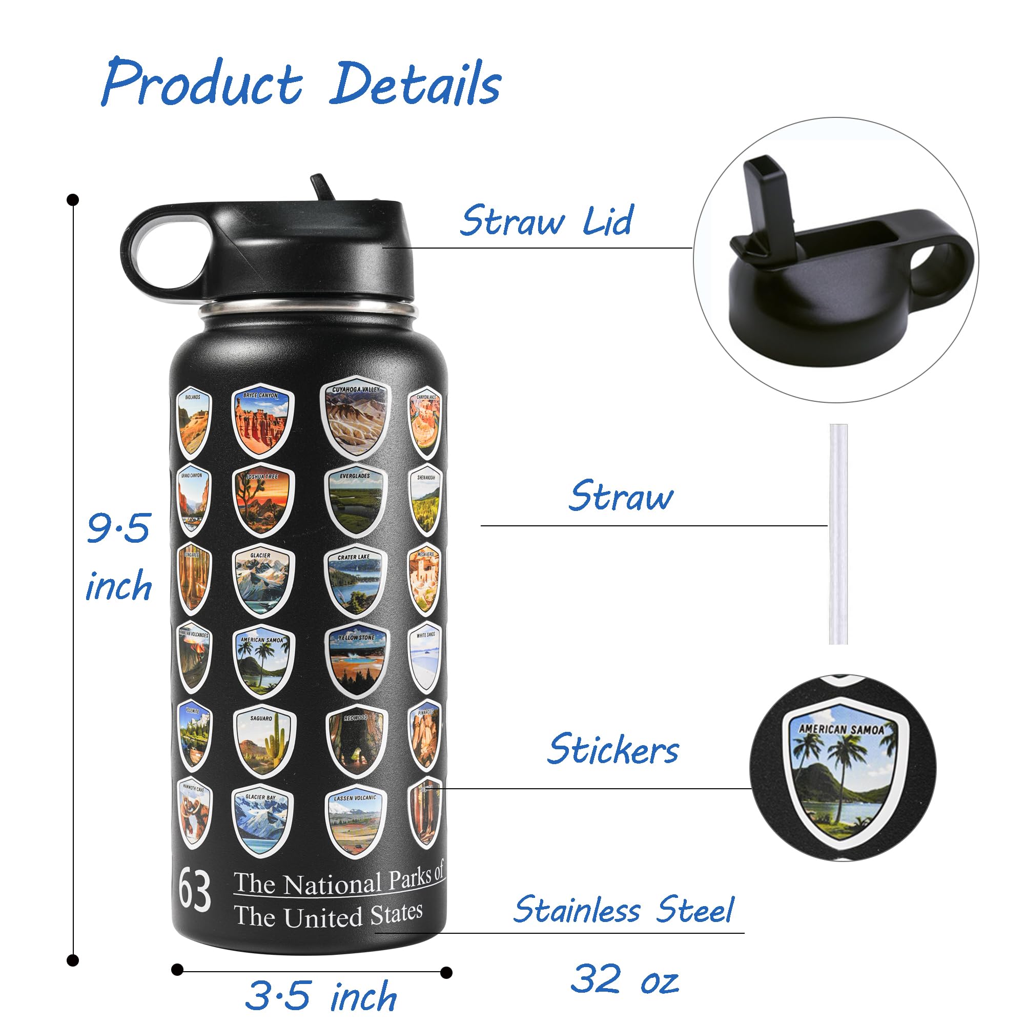 Beautsque 63 National Parks Water Bottle with Stickers,3D Printed,32 oz Travel Insulated Bottles with Straw, Stainless Steel