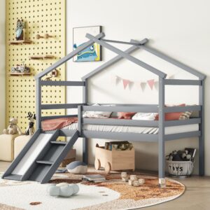 bellemave twin size kids low loft bed,house loft bed with slide and ladder,solid wood low loft bed with safety guardrails for girls boys,grey