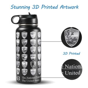 Beautsque 63 National Parks Water Bottle with Stickers,3D Printed,32 oz Travel Insulated Bottles with Straw, Stainless Steel