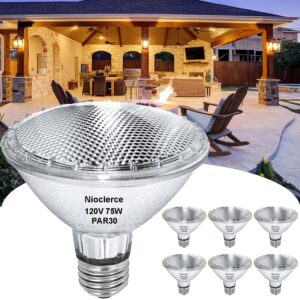 nioclerce par30 short neck halogen 75w 120v - 6 pack par30 flood light bulbs warm white, par30 dimmable e26 base, long lasting par30 halogen bulb for accent lighting, tracking light, recessed light