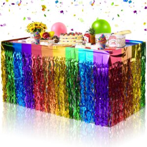 6 pack rainbow wavy table skirt party decorations 30x108 inch, rainbow party table decorations, rainbow metallic foil tinsel table skirts for birthday wedding engagement bridal shower party supplies