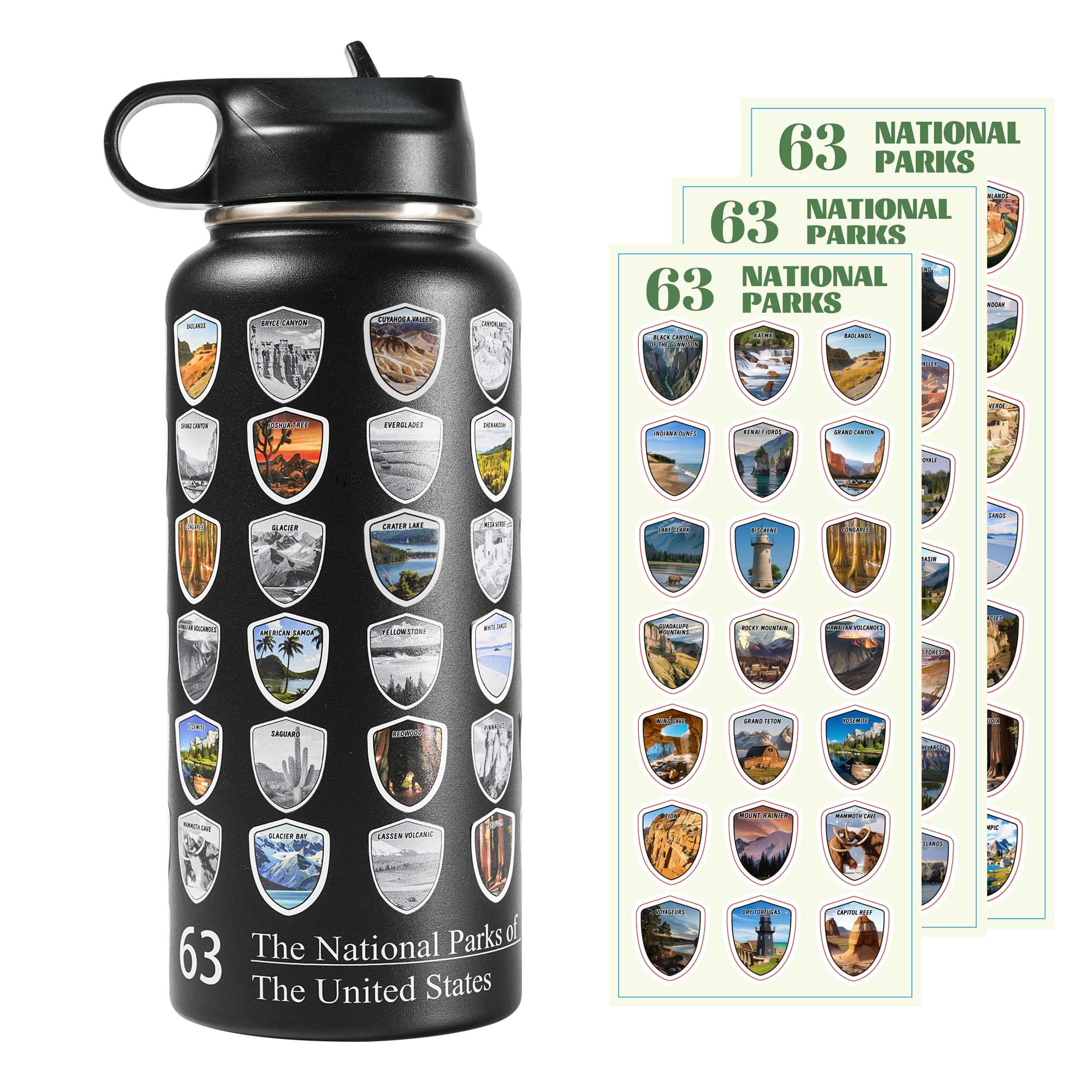 Beautsque 63 National Parks Water Bottle with Stickers,3D Printed,32 oz Travel Insulated Bottles with Straw, Stainless Steel