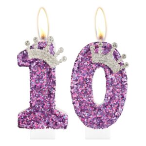 10th birthday candles for girls, purple crown number 10 candle for cake topper decorations for girls birthday party wedding anniversary celebration supplies