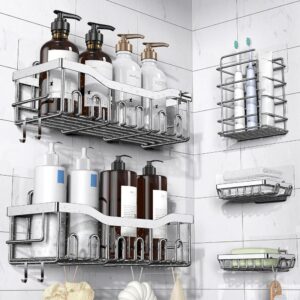 rustproof adhesive shower caddy hanging - asa stores silver 5-pack no drill bathroom organizer with 20 hooks, soap holder,4 snap hooks-stainless steel wall mounted storage for kitchen & home decor