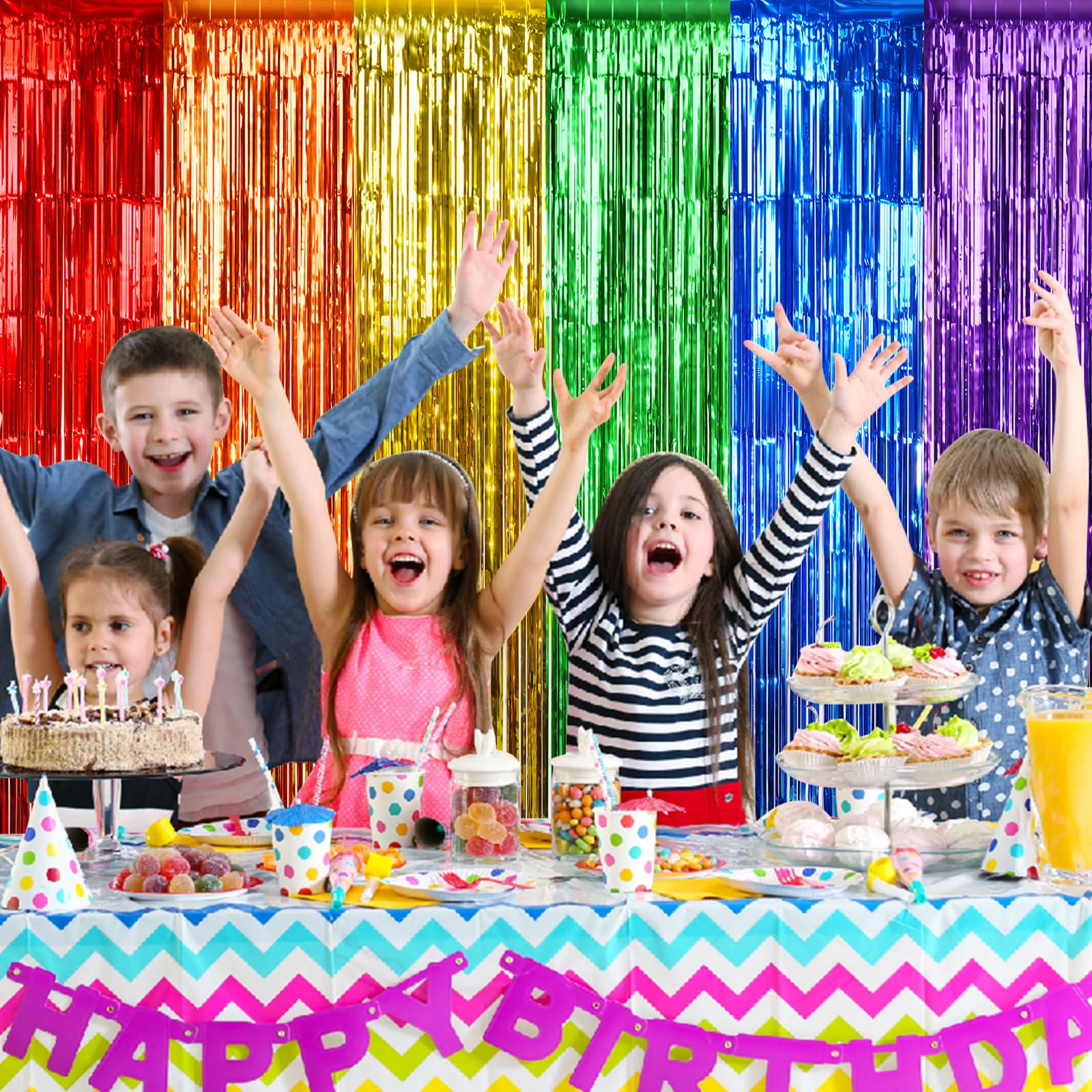 4Pack 3.3X6.6Ft Rainbow Foil Fringe Curtains Backdrop Decorations, Rainbow Metallic Tinsel Foil Streamers Curtain Photo Booth Background for Birthday Wedding Engagement Bridal Shower Party Decorations