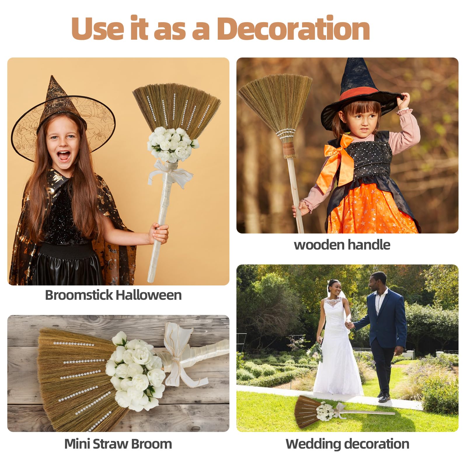 Wedding Broom for Jumping Ceremony, Jumping The Broom for Wedding, Decorative Broom DIY with Ribbons Artificial Pearl Roses