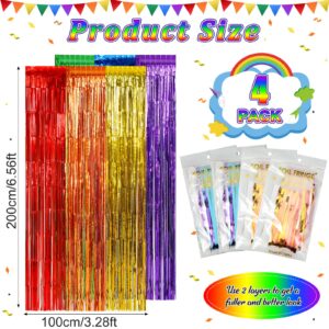 4Pack 3.3X6.6Ft Rainbow Foil Fringe Curtains Backdrop Decorations, Rainbow Metallic Tinsel Foil Streamers Curtain Photo Booth Background for Birthday Wedding Engagement Bridal Shower Party Decorations