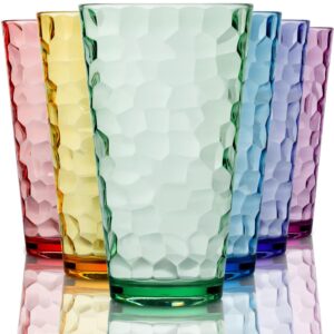 bravario hammered plastic drinking tumbler, dishwasher-safe premium quality water glasses, bpa-free reusable mixed colors assorted stackable cups, 22 oz set of 6