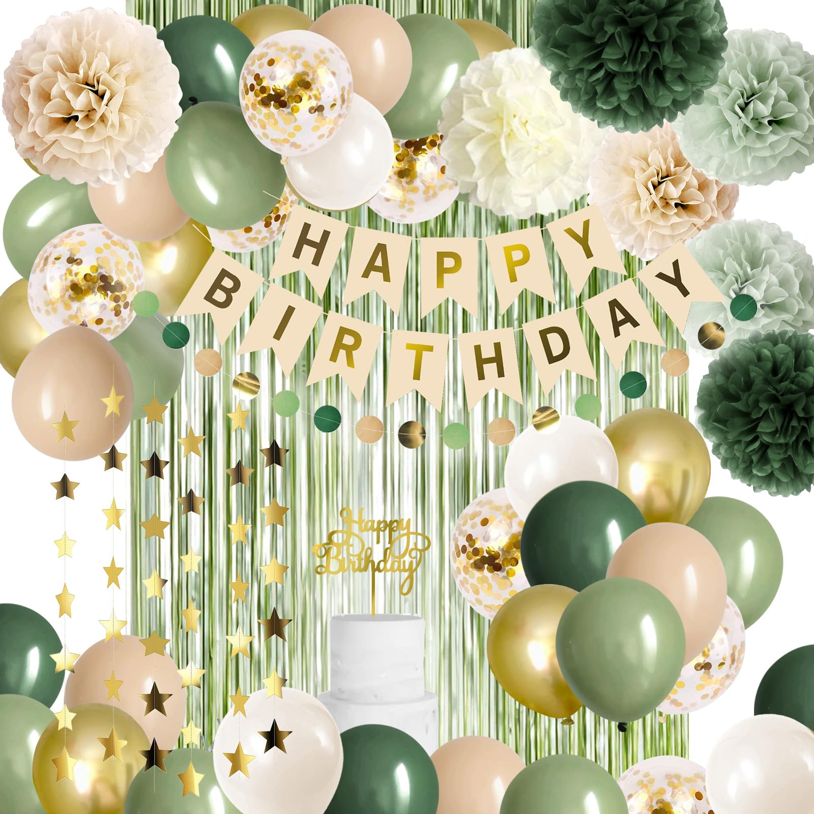 Sage Green Birthday Decorations Olive Green Happy Birthday Party Decorations Nude Retro Green Gold Balloon Banner Paper Pom Poms Greenery Neutral Rustic Décor Supplies Baby Girls Women