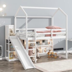 harper & bright designs kids twin house loft bed with slide, storage shelves and led light, wood twin low loft bed with guardrail and ladder, twin playhouse bed for kids teens boys & girls, white