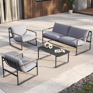 grand patio 4-piece patio furniture set, outdoor patio conversation sofa set with cushion, modern metal couch loveseat chairs and coffee table for porch deck garden balcony backyard living room